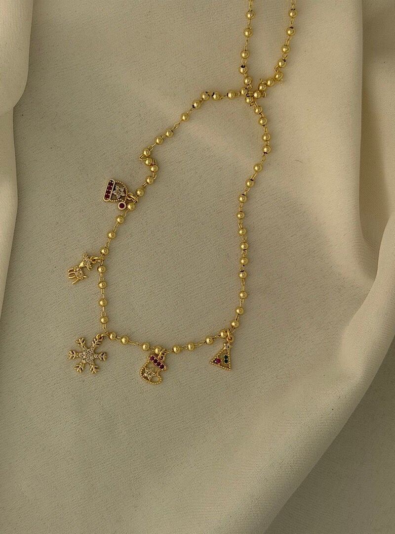 Yılbaşı Figürlü ve Taşlı Kar Tanesi Charm Kolye | Vintage Aksesuar ve Giyim